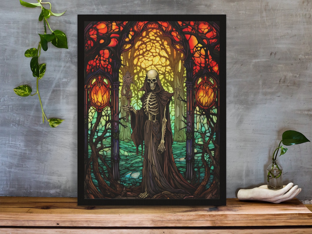 Halloween Wall Art Stain Glass Halloween Art Print Skeleton Decor Print ...