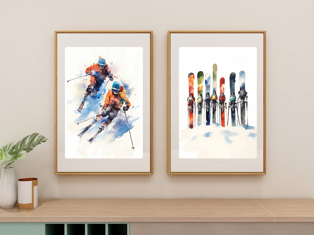 Ski Wall Art Winter Skiing Print Set of 2 Prints Winter Ski Gift Winter Watercolor Digital ...