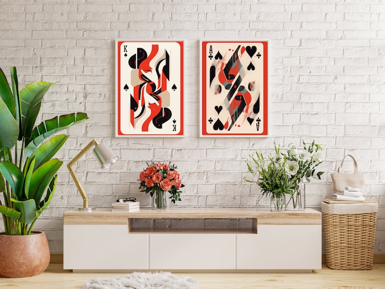 Red Abstract Playing Card Wall Art Print Set of 2 Poker Art Decor ...
