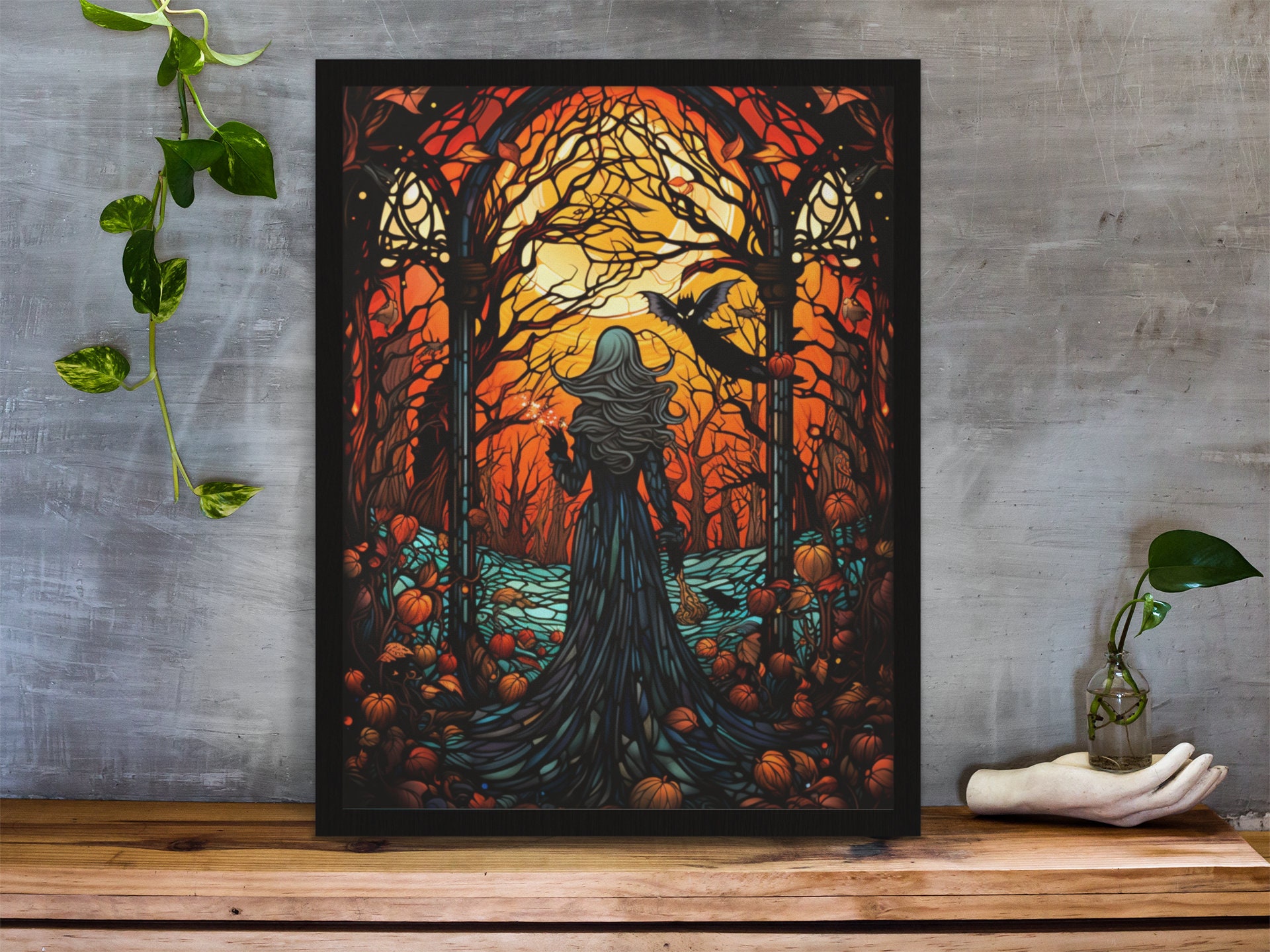 Halloween Wall Art Stain Glass Halloween Art Print Witch Decor Spooky ...