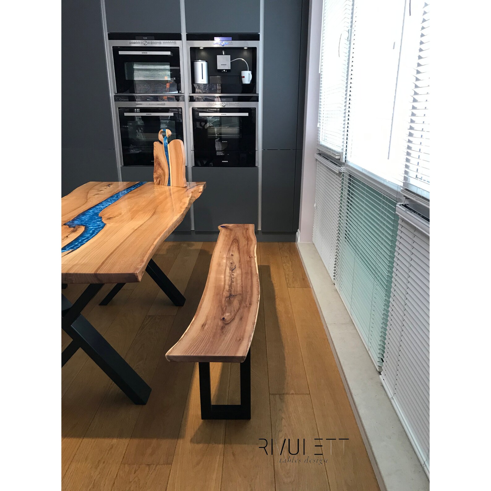 Live Edge Epoxy River Dining Table With Two Benches / Elm and Blue ...