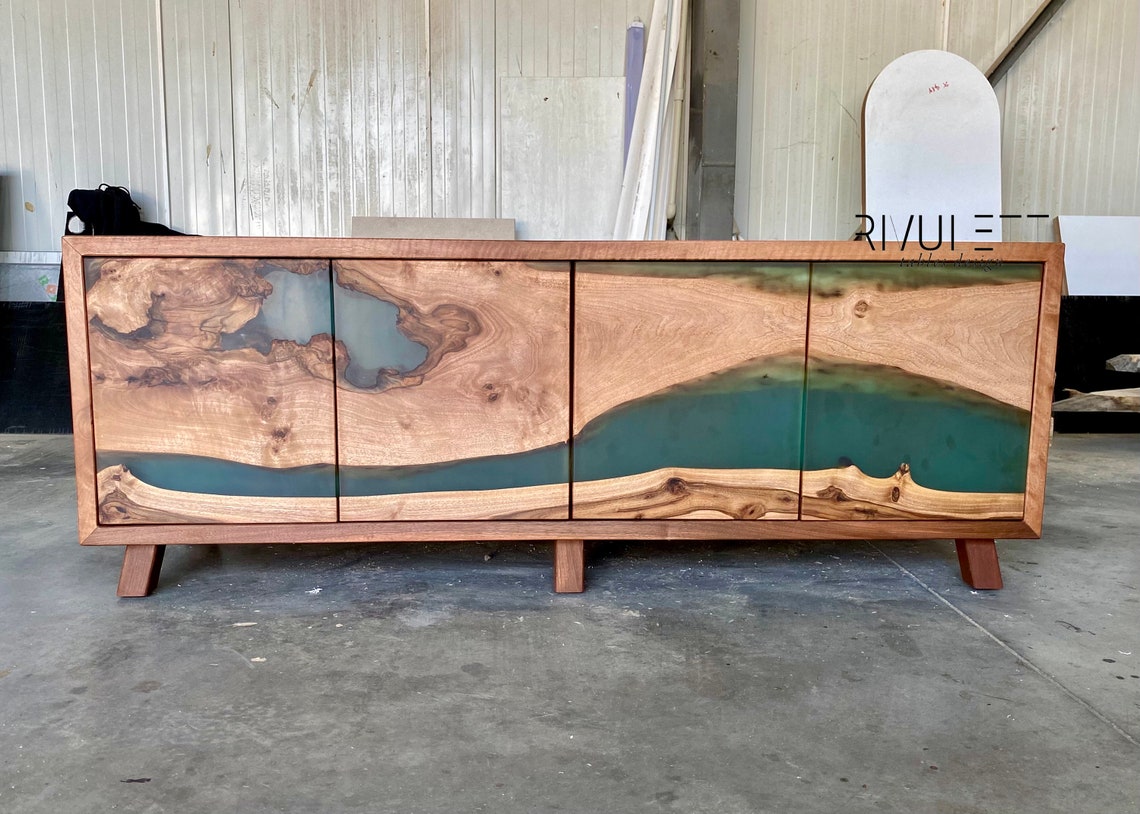 Waterfall Walnut Wood and Turquoise Epoxy Resin Buffet Cabinet TV Unit ...