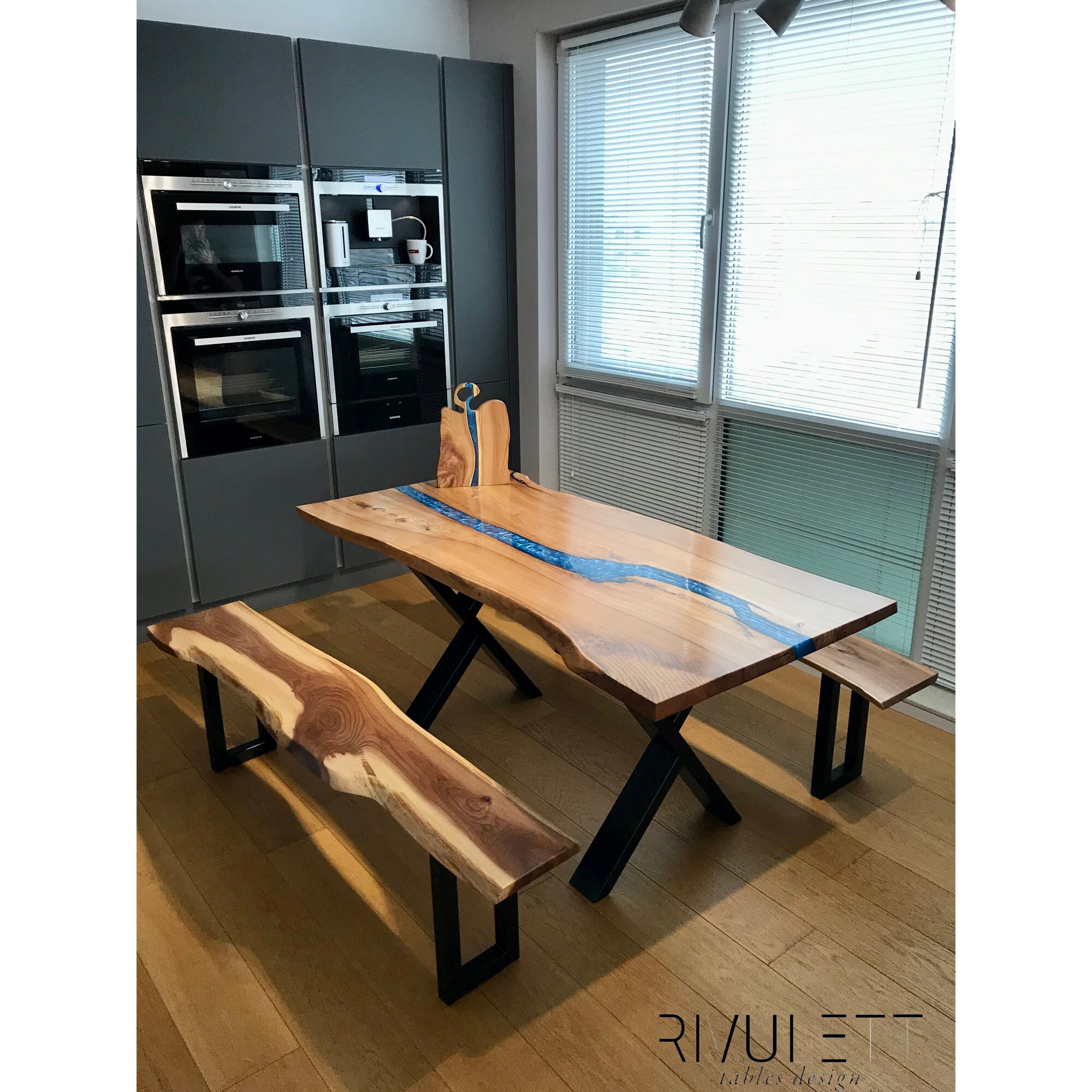 Live Edge Epoxy River Dining Table With Two Benches / Elm and Blue ...