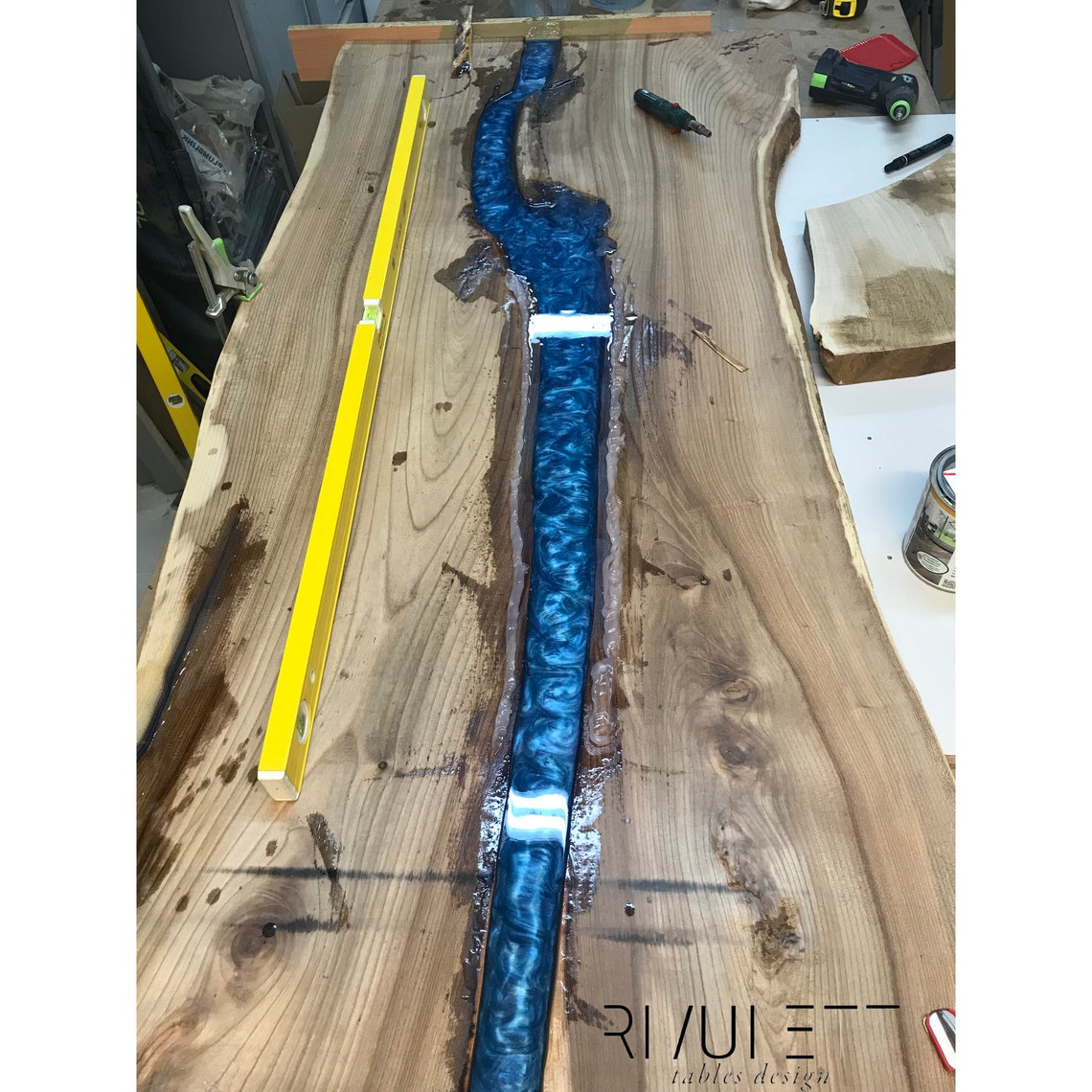 Live Edge Epoxy River Dining Table With Two Benches / Elm and Blue ...