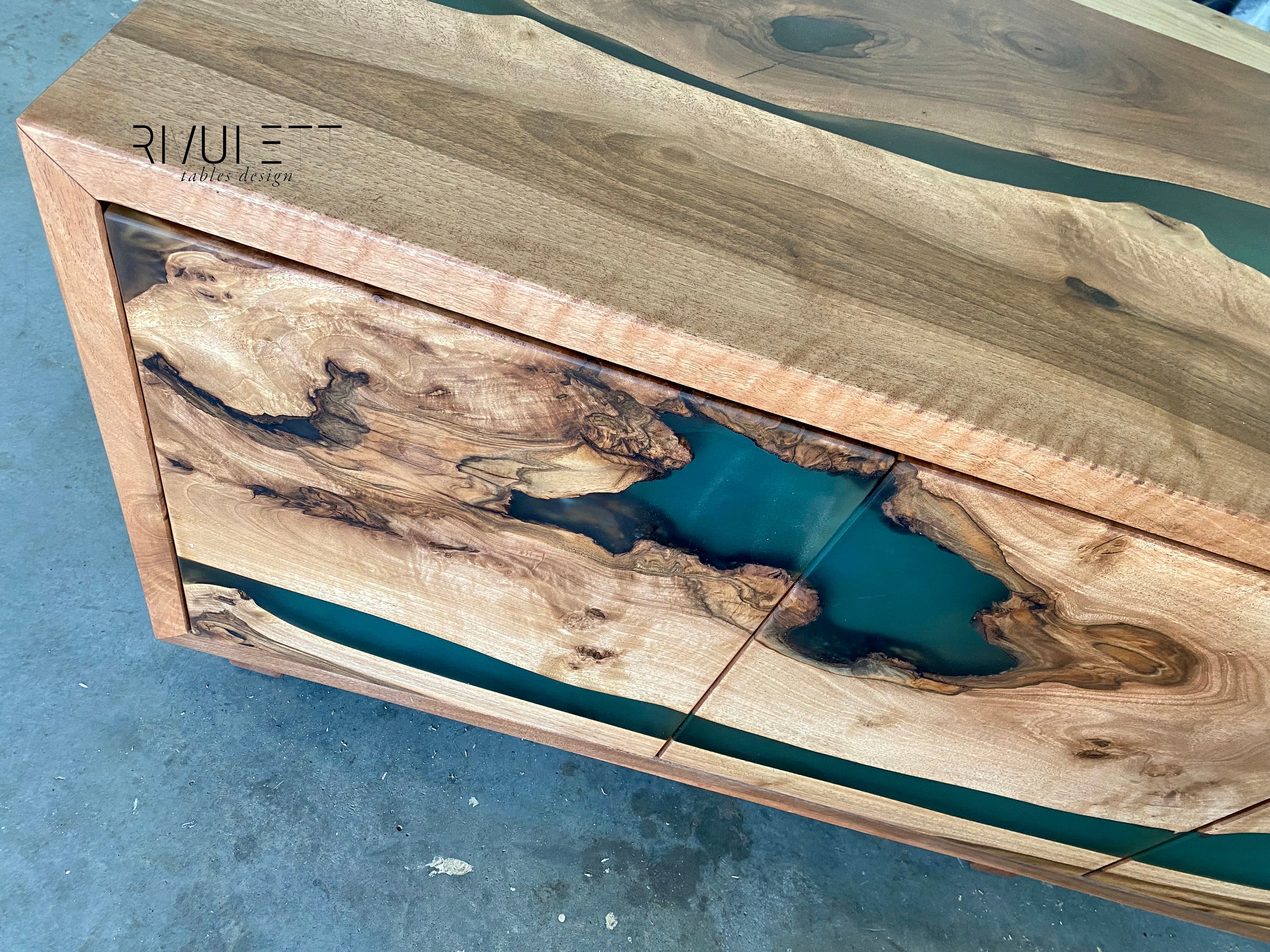 Waterfall Walnut Wood and Turquoise Epoxy Resin Buffet Cabinet | TV ...