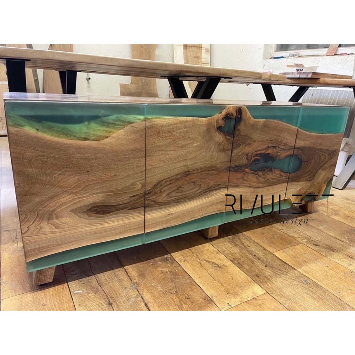 Stylish Walnut and Turquoise Epoxy Media Credenza | Sideboard | TV Unit ...