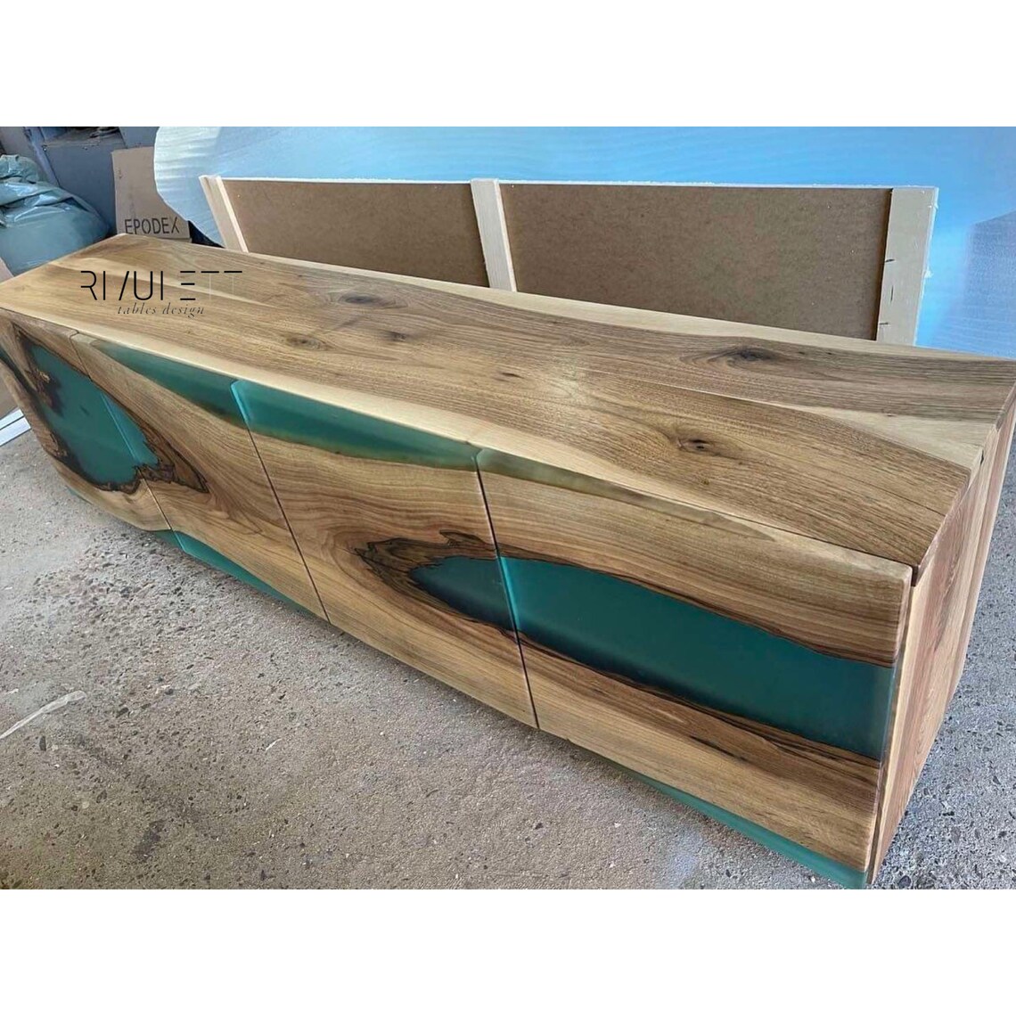 Walnut Wood and Turquoise Epoxy Resin Buffet Cabinet | TV Unit ...