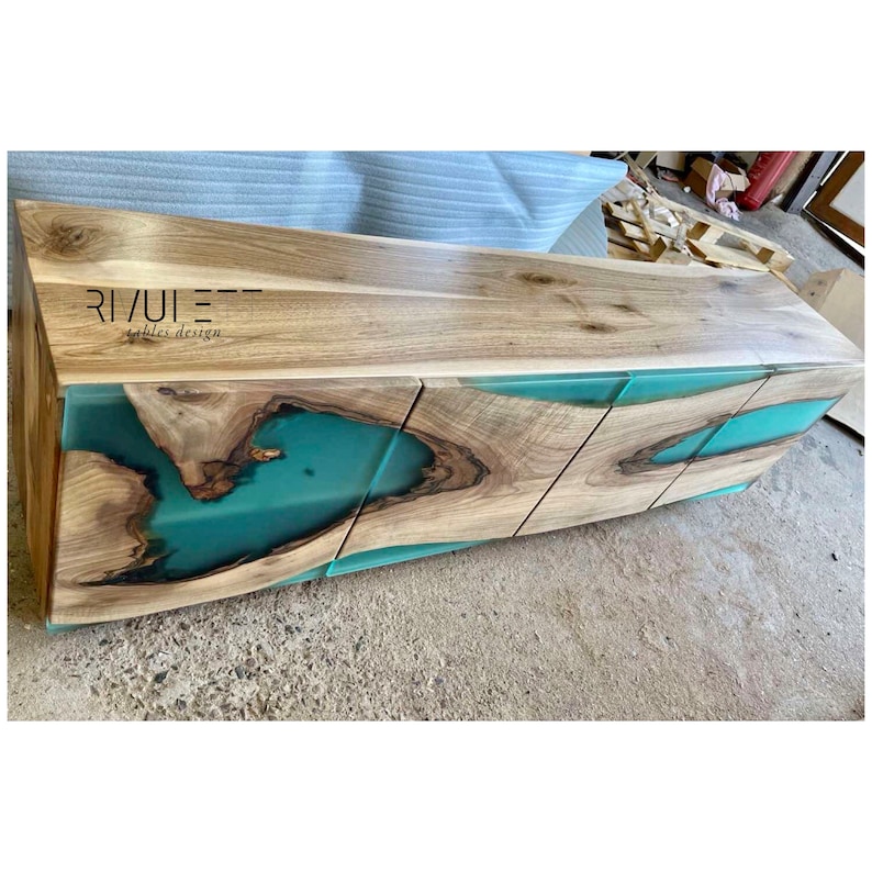 Walnut Wood and Turquoise Epoxy Resin Buffet Cabinet | TV Unit ...