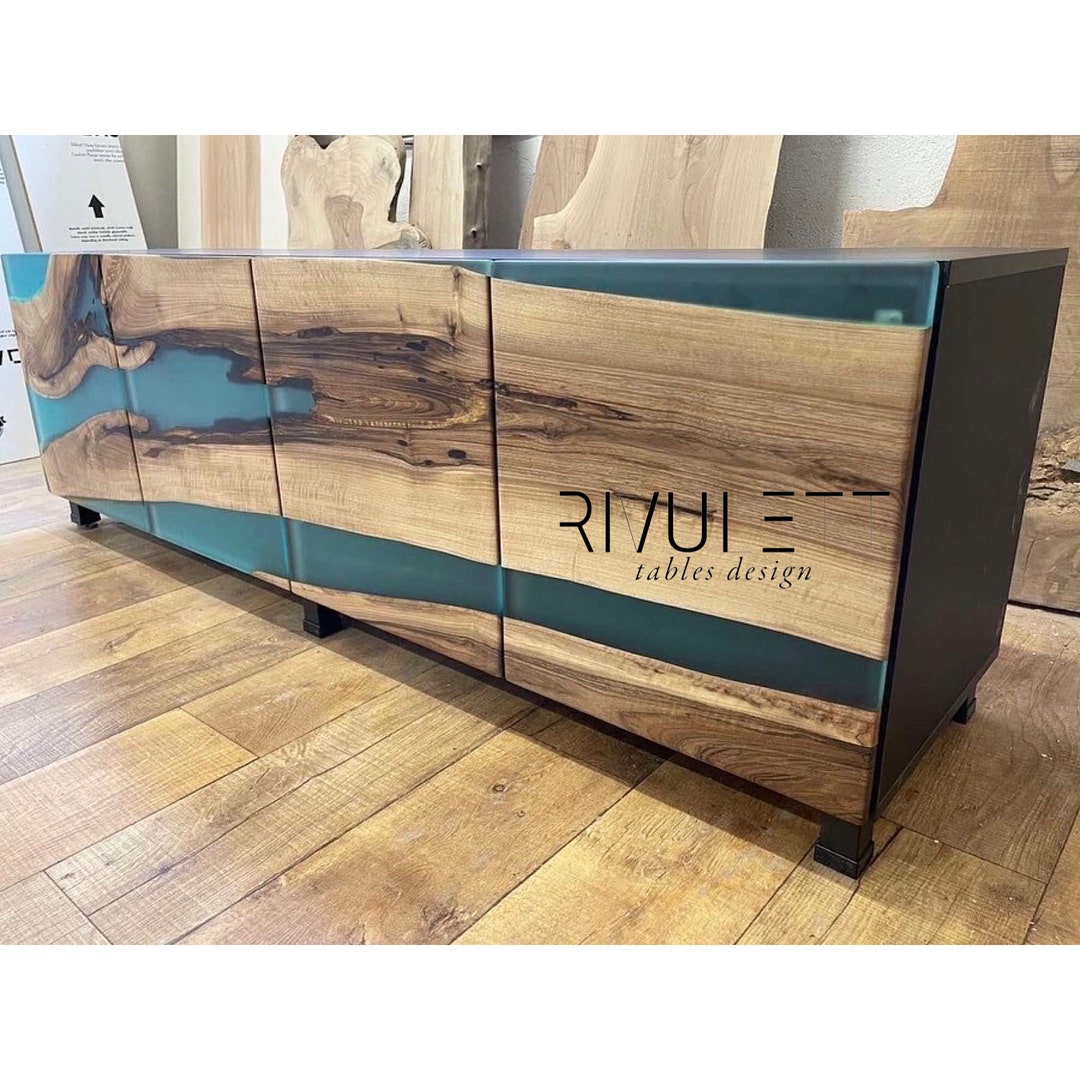 Handcrafted Walnut Wood and Turquoise Epoxy Resin Cupboard | TV Unit ...