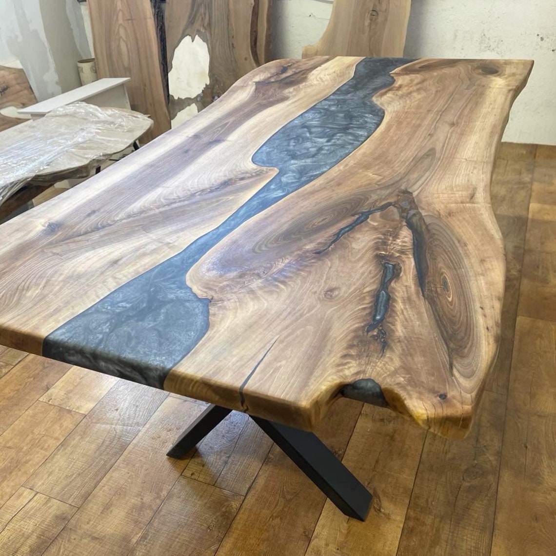 Live Edge River Dining Table Walnut Wood With Graphite Pearl Epoxy ...