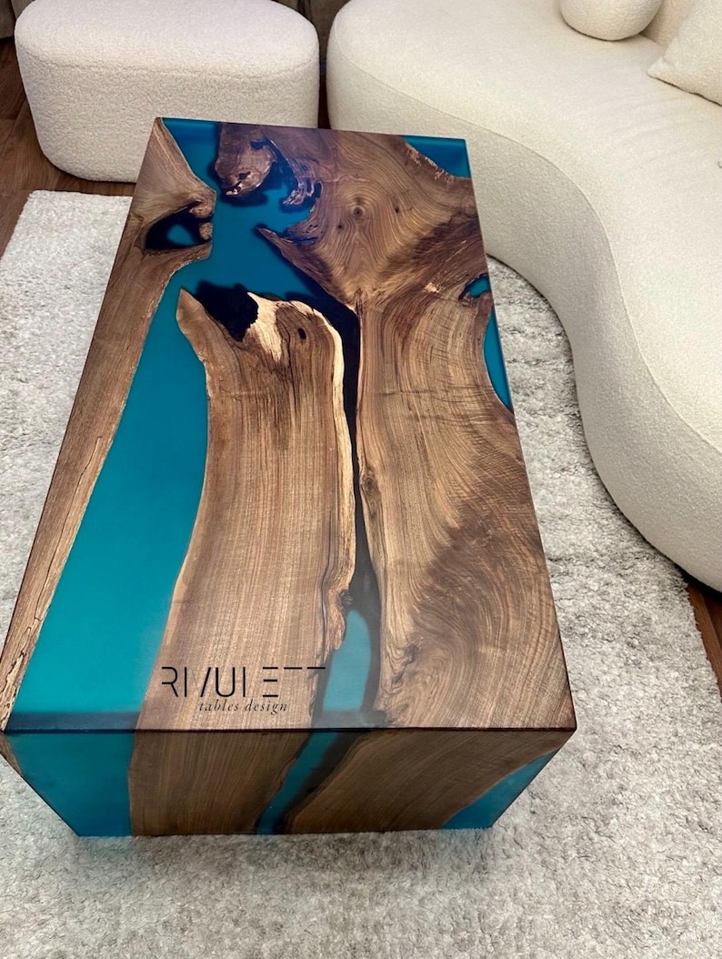Artisan-crafted Walnut Wood and Turquoise Epoxy Resin Waterfall Coffee ...