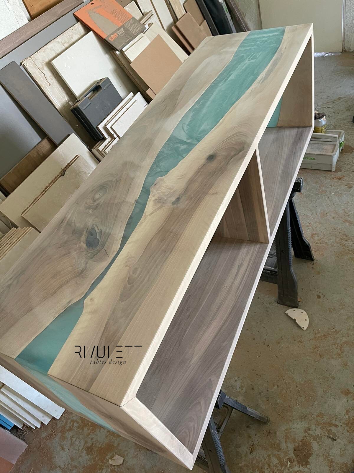 Waterfall Walnut Wood and Turquoise Epoxy Resin Buffet Cabinet | TV ...