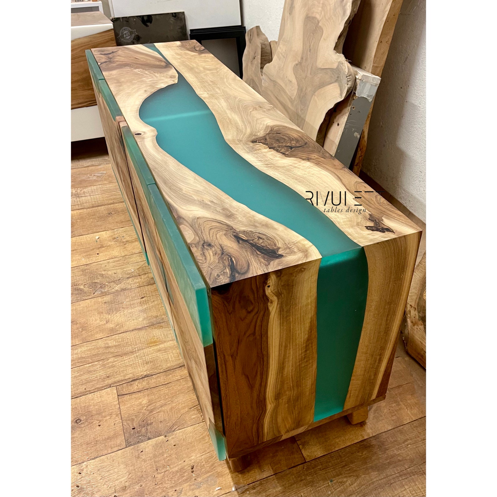 Waterfall Walnut Wood and Turquoise Epoxy Resin Credenza | TV Media ...