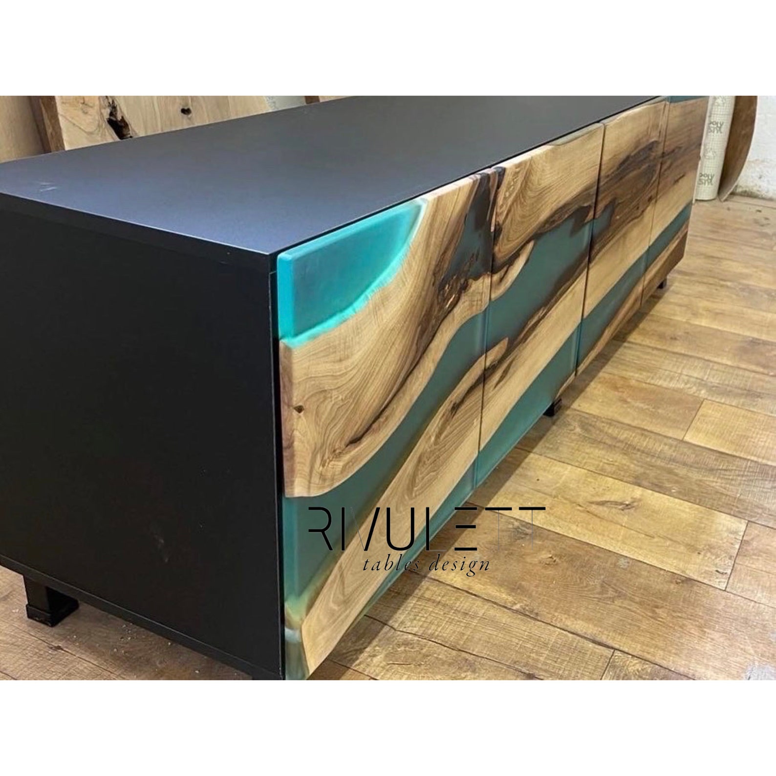 Handcrafted Walnut Wood and Turquoise Epoxy Resin Cupboard | TV Unit ...