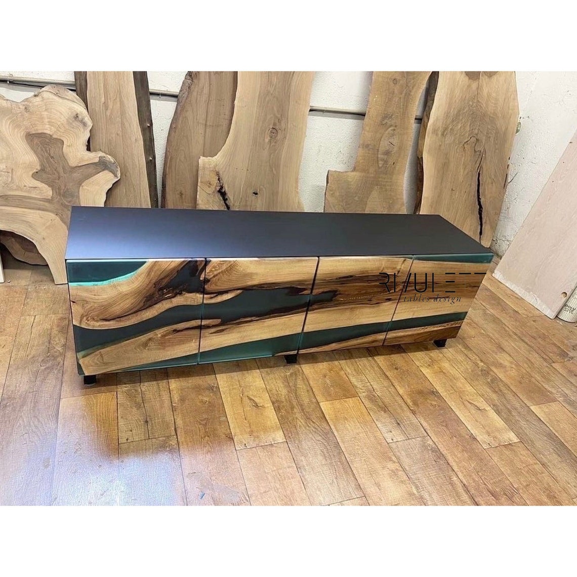 Handcrafted Walnut Wood and Turquoise Epoxy Resin Cupboard TV Unit ...