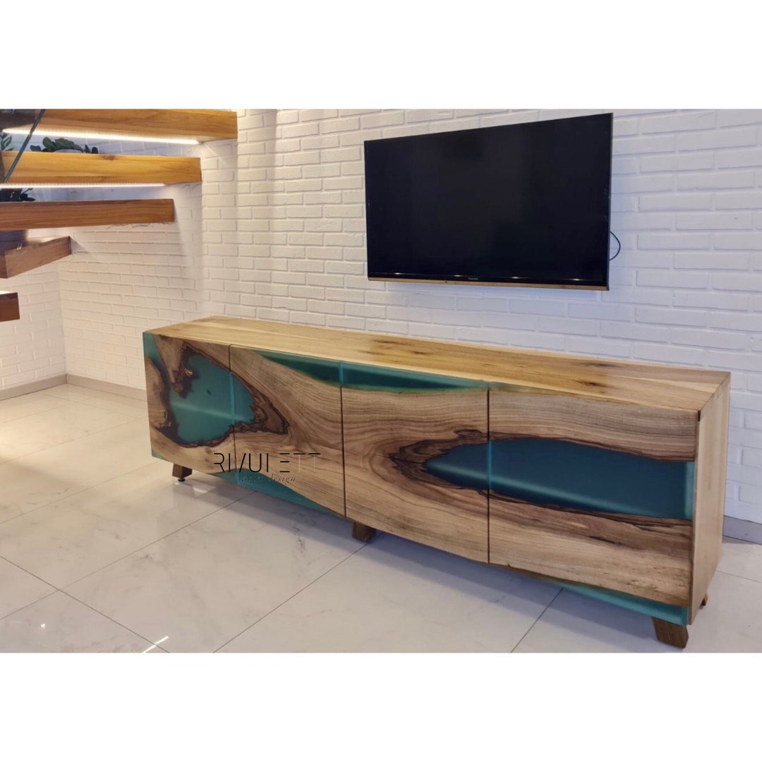 Walnut Wood and Turquoise Epoxy Resin Buffet Cabinet | TV Unit ...