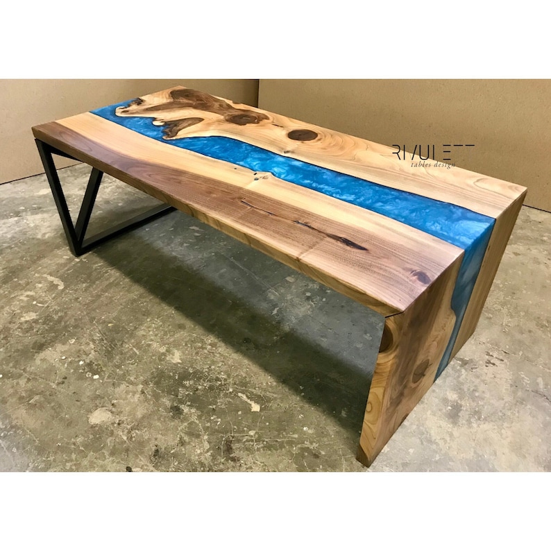 Handcrafted Walnut Waterfall Coffee Table: Pearl Blue Epoxy Resin - Etsy