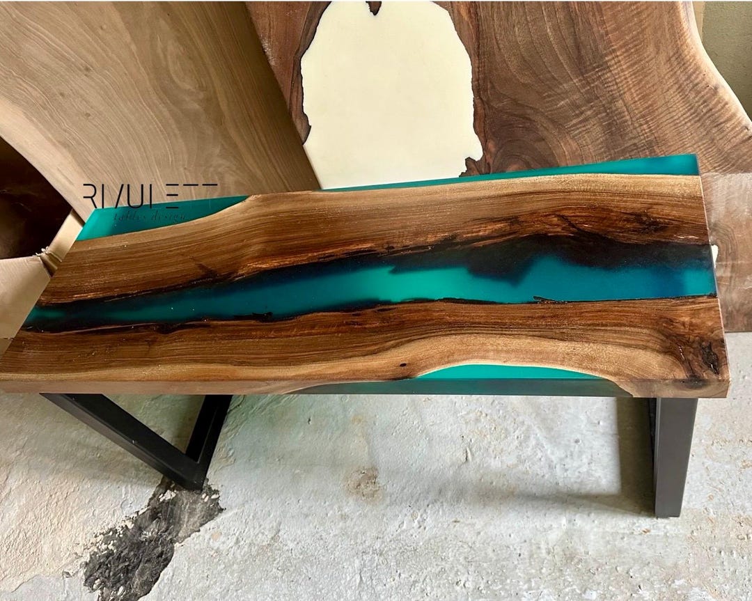 Handcrafted European Walnut Wood and Turquoise Epoxy Resin Bench - Etsy
