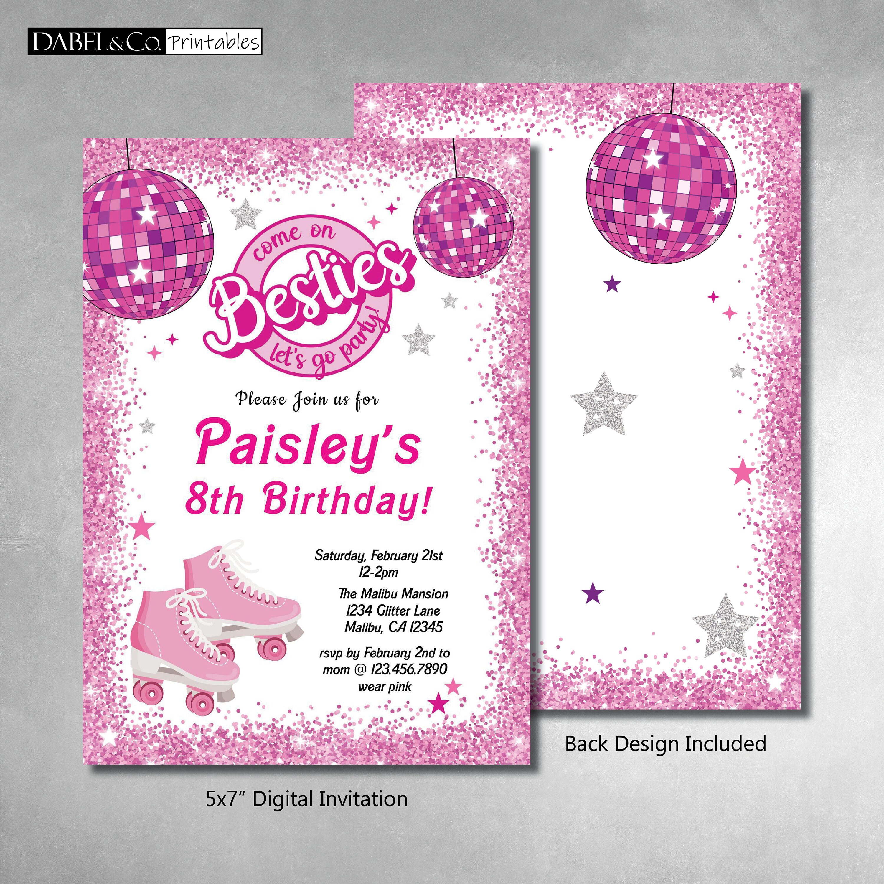 Pink Sparkle Birthday Invitation, Disco Ball Roller Skates Party ...