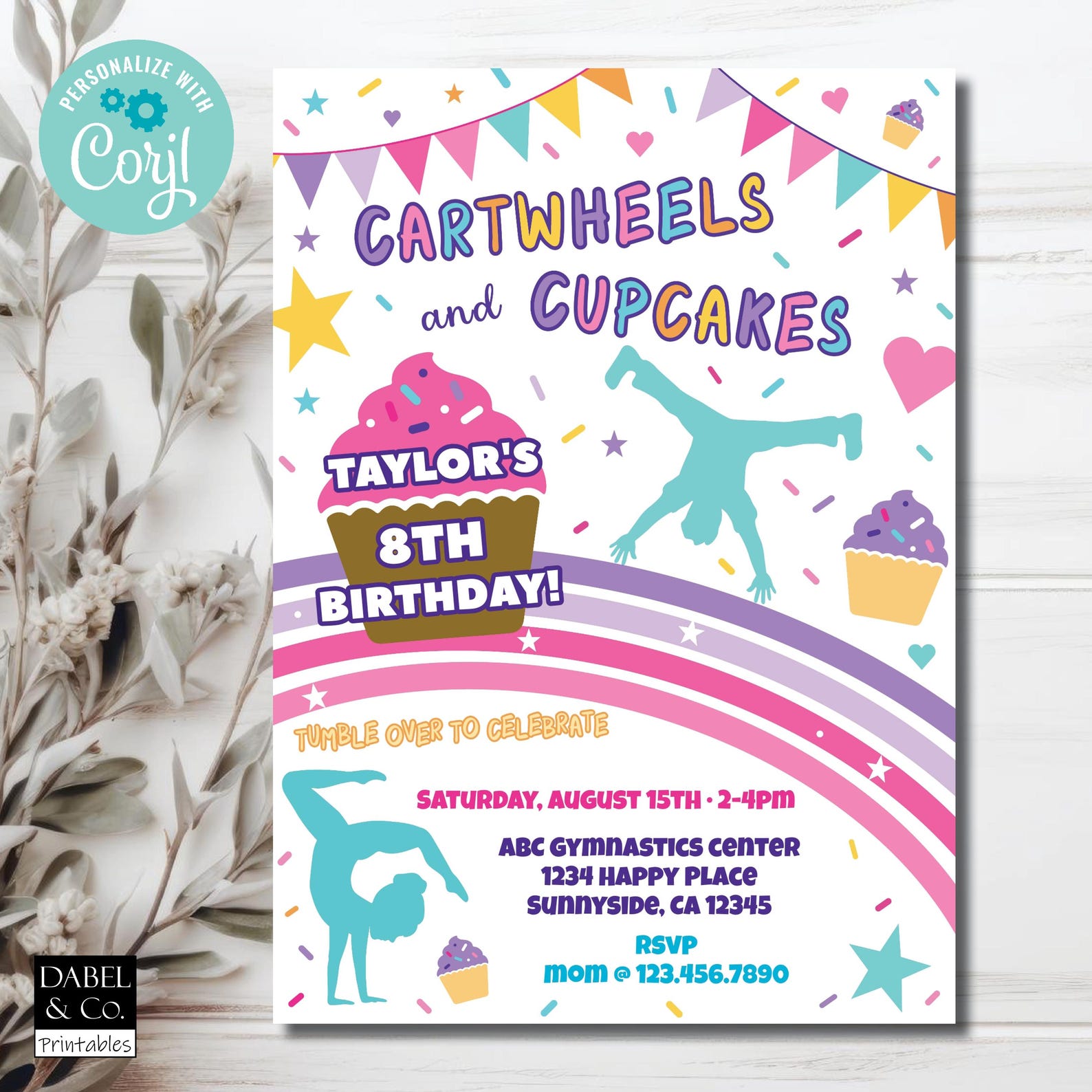 Gymnastics Birthday Invitation, Cartwheels and Cupcakes Party ...