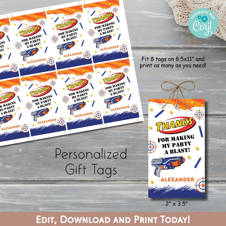 Dart Gun Favor Tags, Dart Gun Party, Printable Thank You Tags, Instant ...