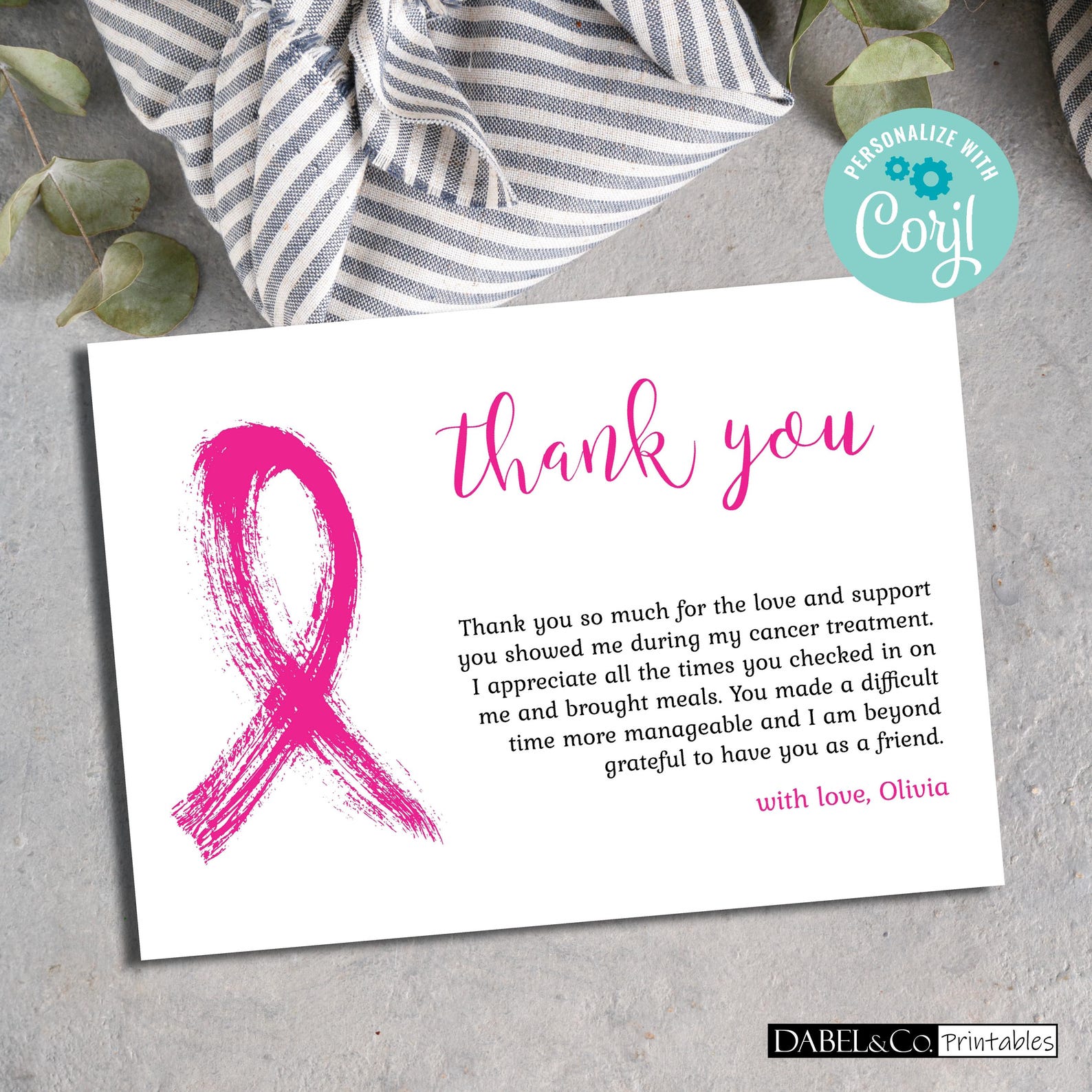 Pink Ribbon Thank You Note, Breast Cancer Card, Cancer Thank You Note, Cancer Favor Tag, Breast ...