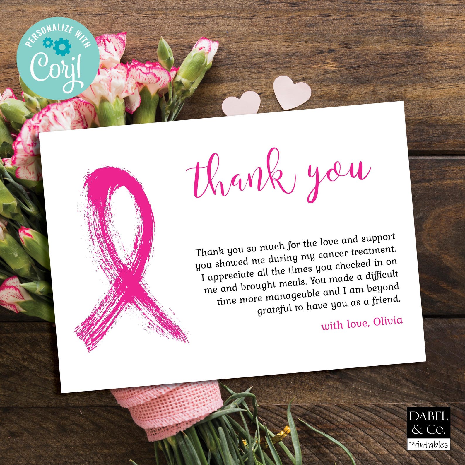 Pink Ribbon Thank You Note, Breast Cancer Card, Cancer Thank You Note, Cancer Favor Tag, Breast ...