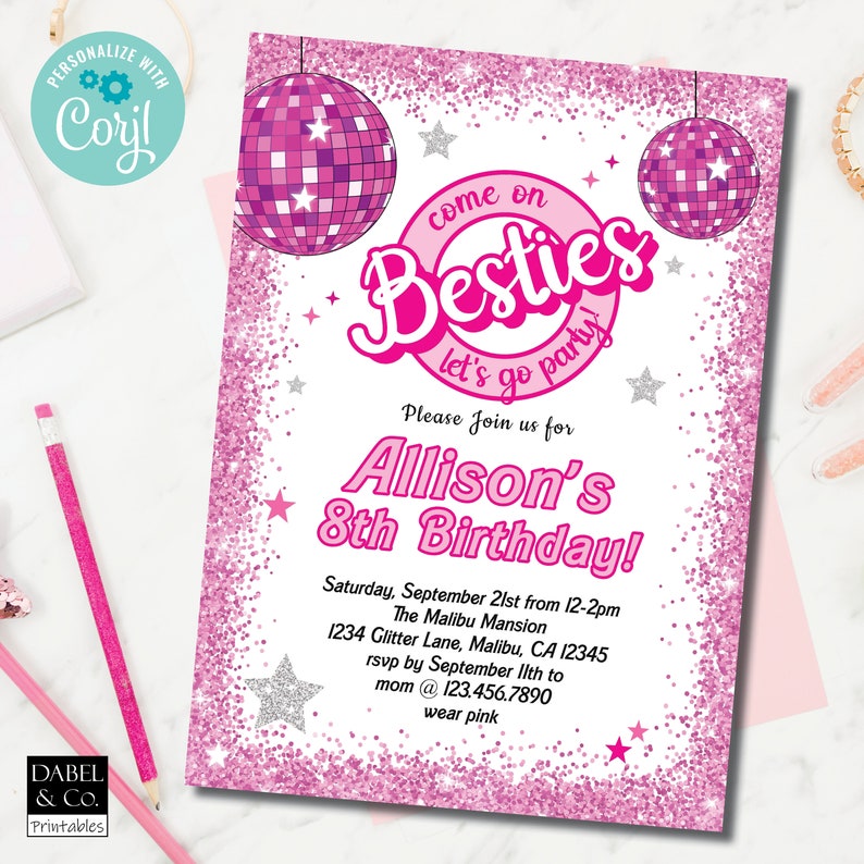 Pink Sparkle Birthday Invitation, Disco Ball Party Editable Template ...