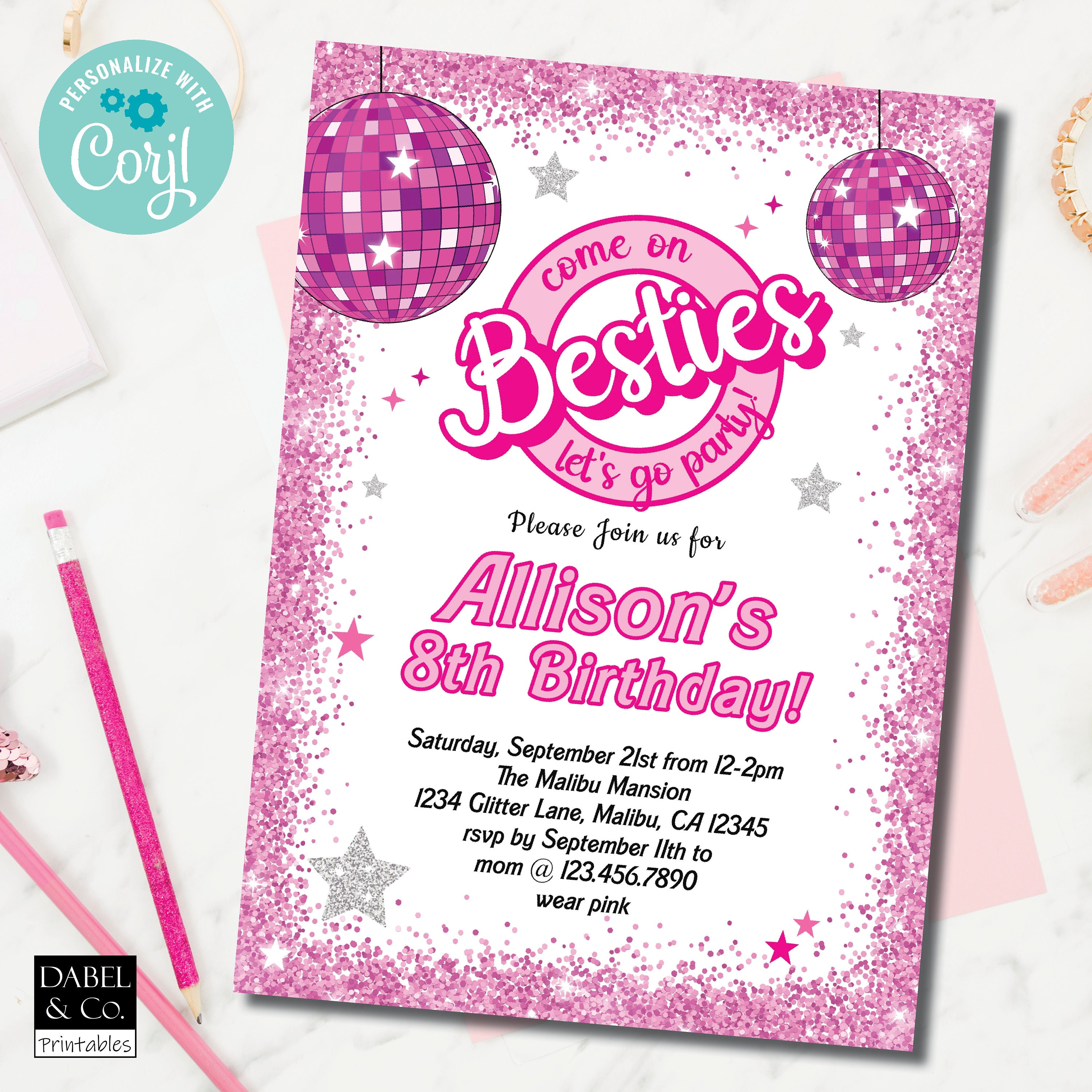 Pink Sparkle Birthday Invitation, Disco Ball Party Editable Template ...