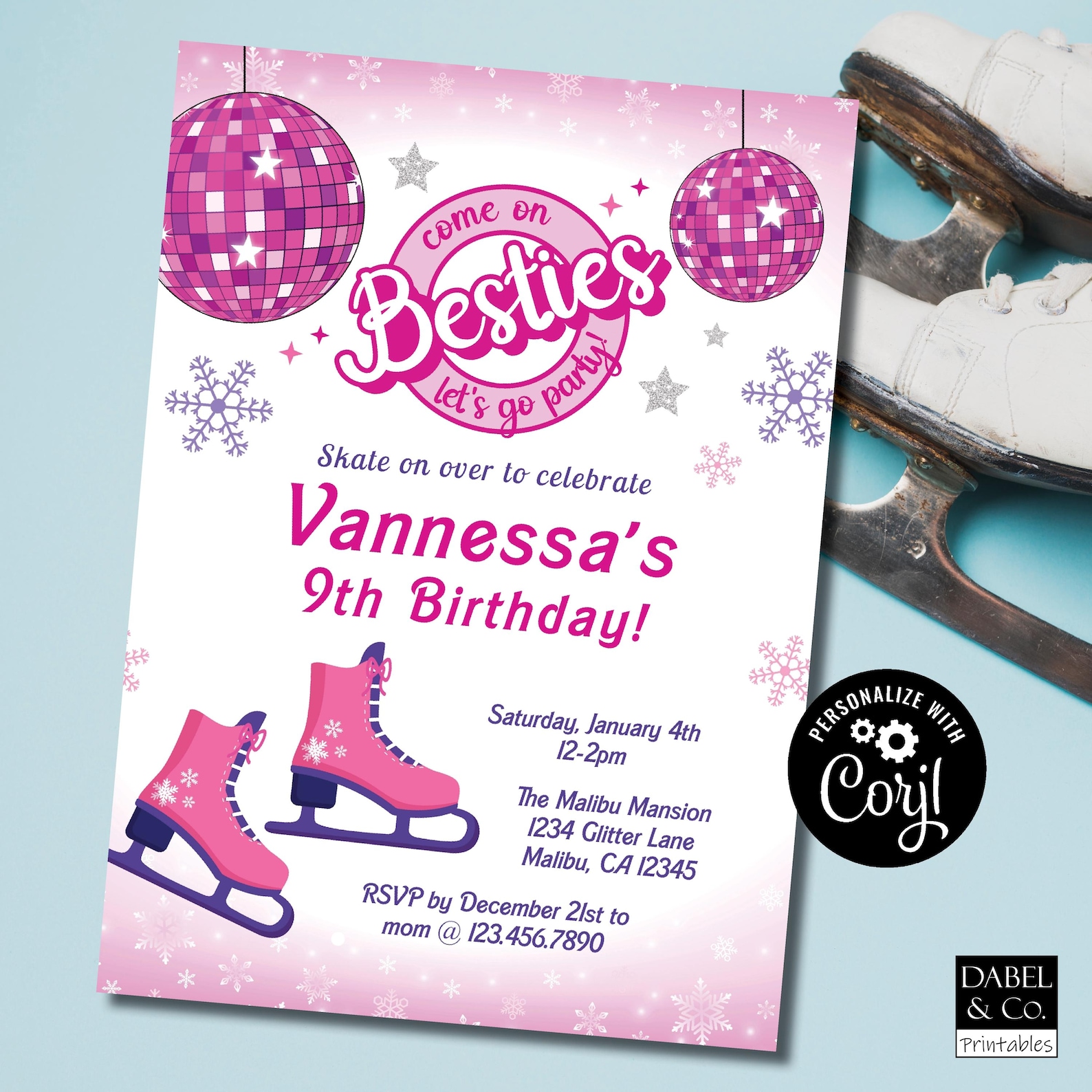 Pink Sparkle Birthday Invitation, Disco Ball Ice Skates Party Editable ...