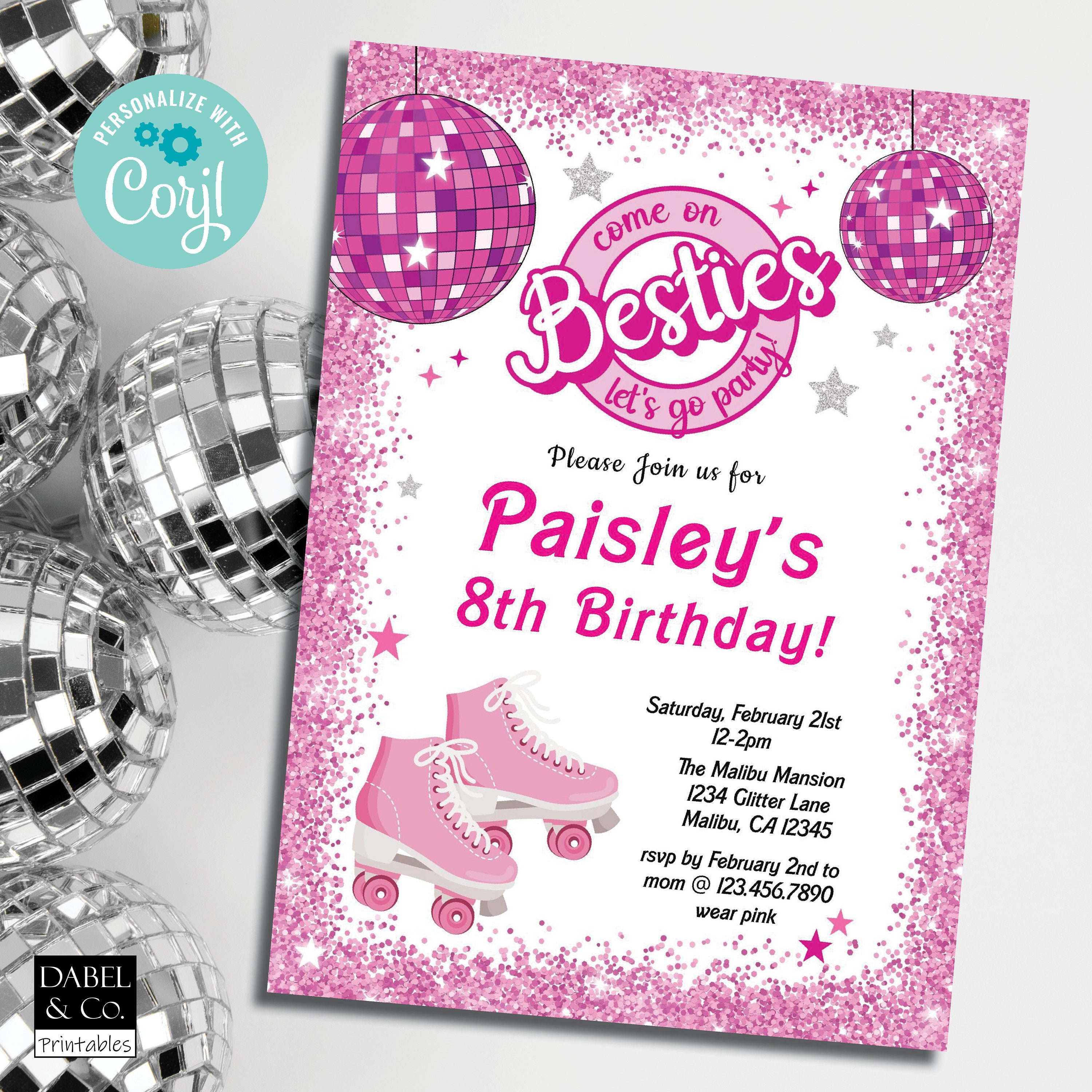 Pink Sparkle Birthday Invitation, Disco Ball Roller Skates Party ...