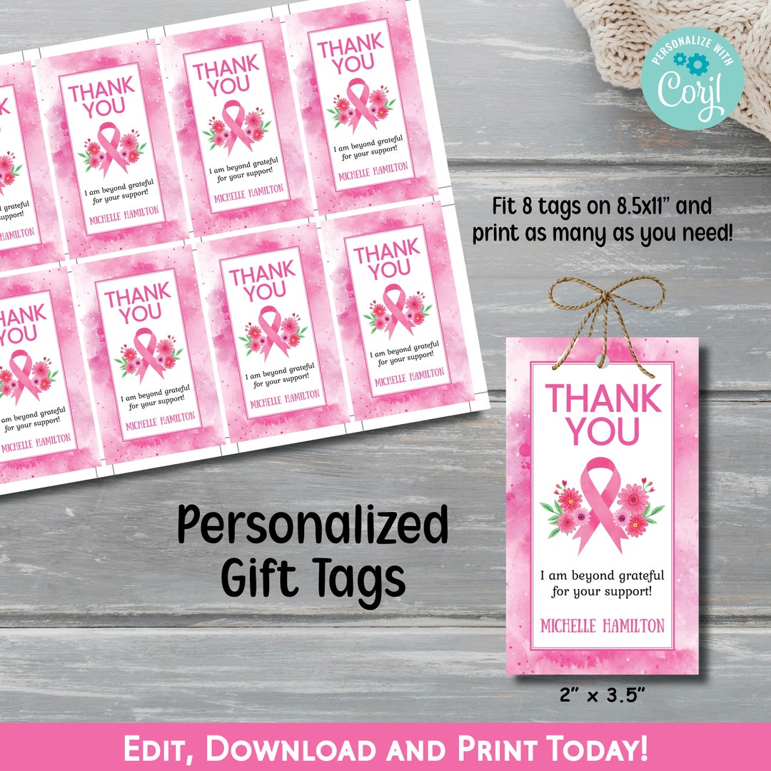 Breast Cancer Fundraiser Tags, Pink Breast Cancer Awareness Thank You Tags, Printable Favor Tags ...