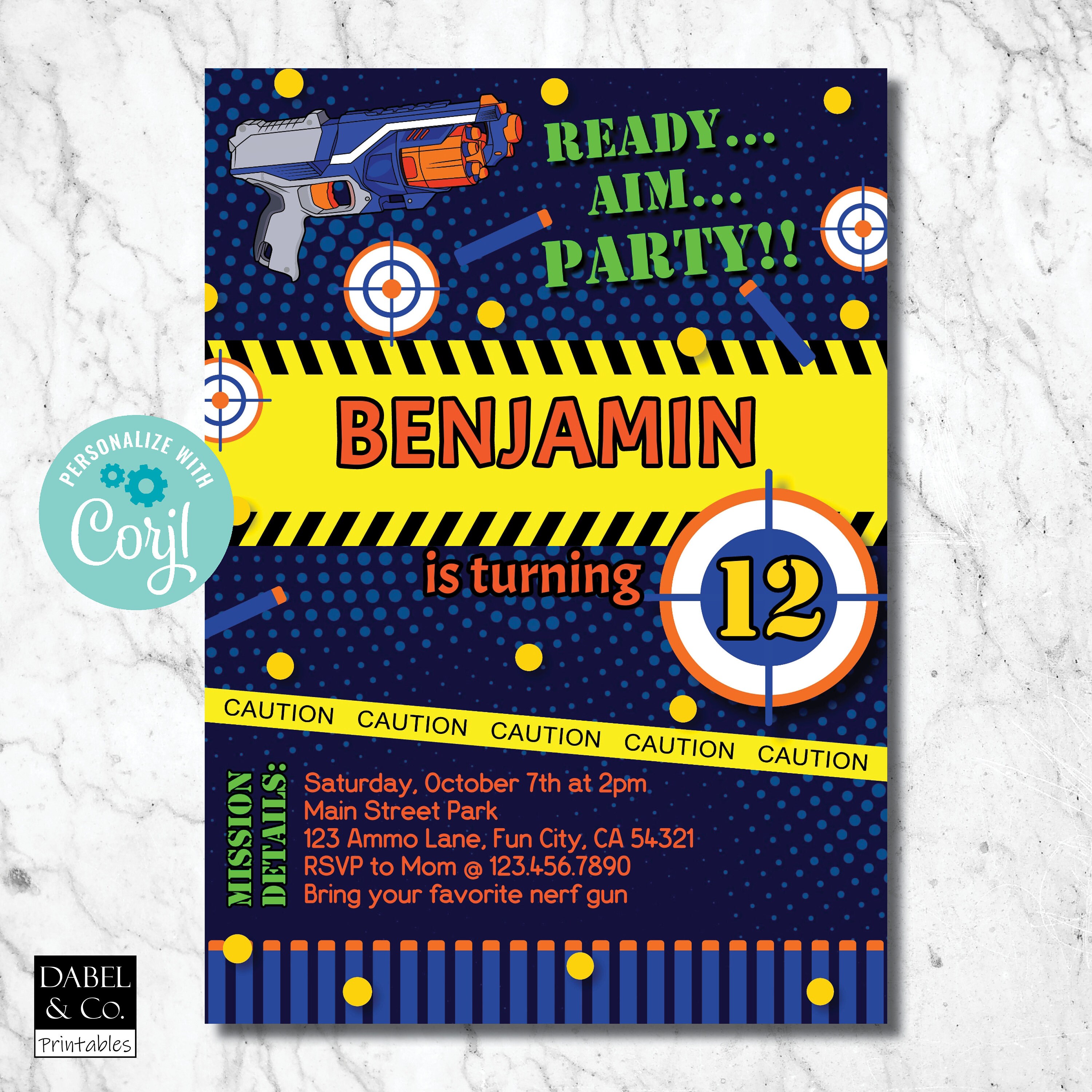 Dart Gun Birthday Invitation, Dart Gun Battle Editable Template, Boys ...