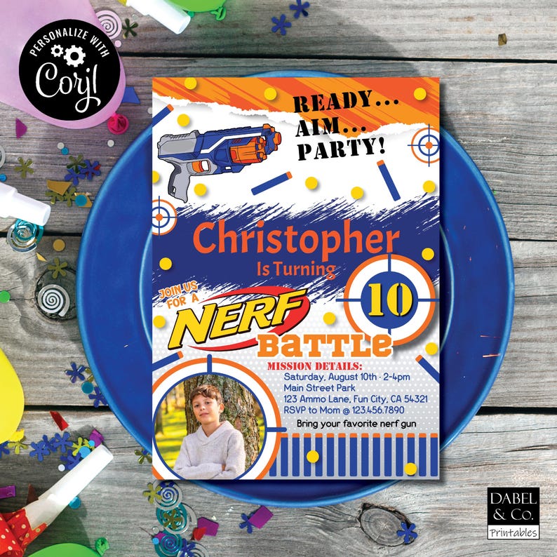 Nerf Birthday Invitation With Photo, Picture Invite, Nerf War, Dart Gun ...