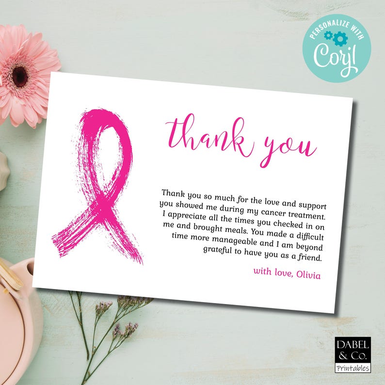 Pink Ribbon Thank You Note, Breast Cancer Card, Cancer Thank You Note ...