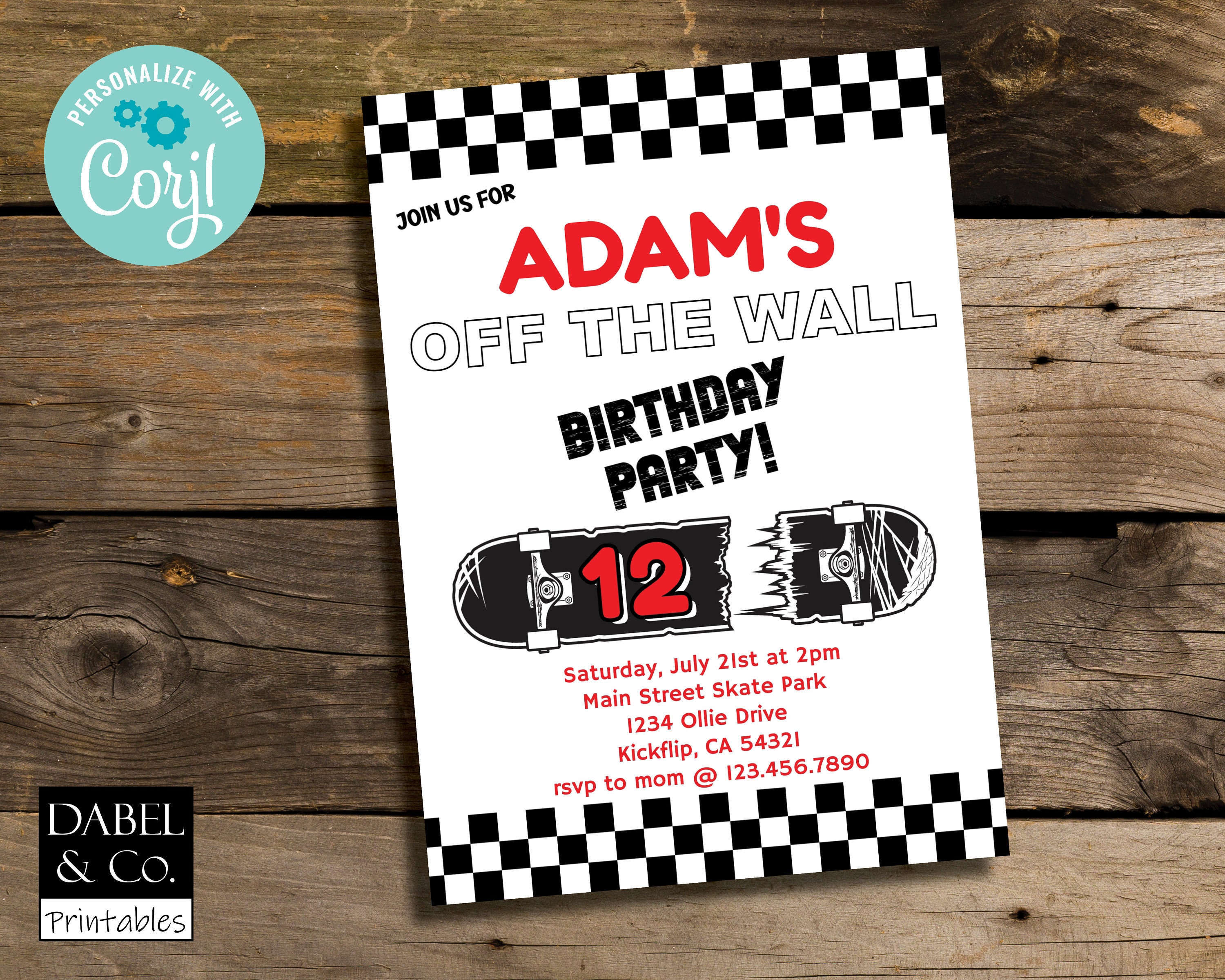 Skateboard Birthday Invitation, off the Wall Editable Birthday Template ...
