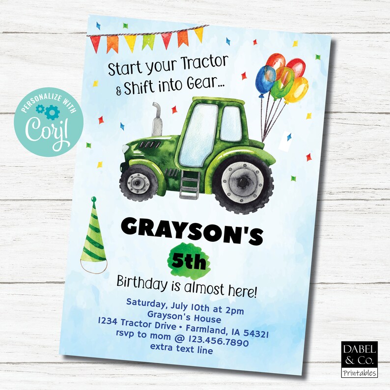 Tractor Birthday Invitation, Green Tractor Editable Invitation, Farm ...