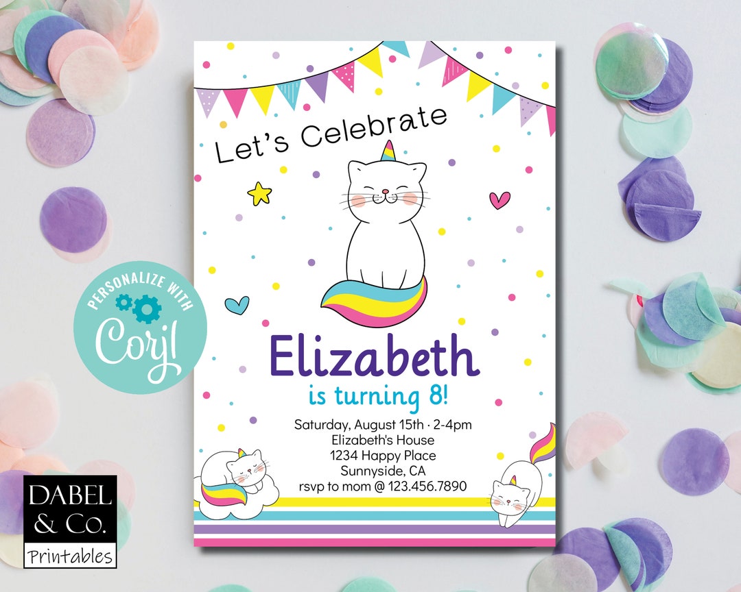 Caticorn Birthday Invitation, Cat Unicorn Rainbow Editable Birthday ...