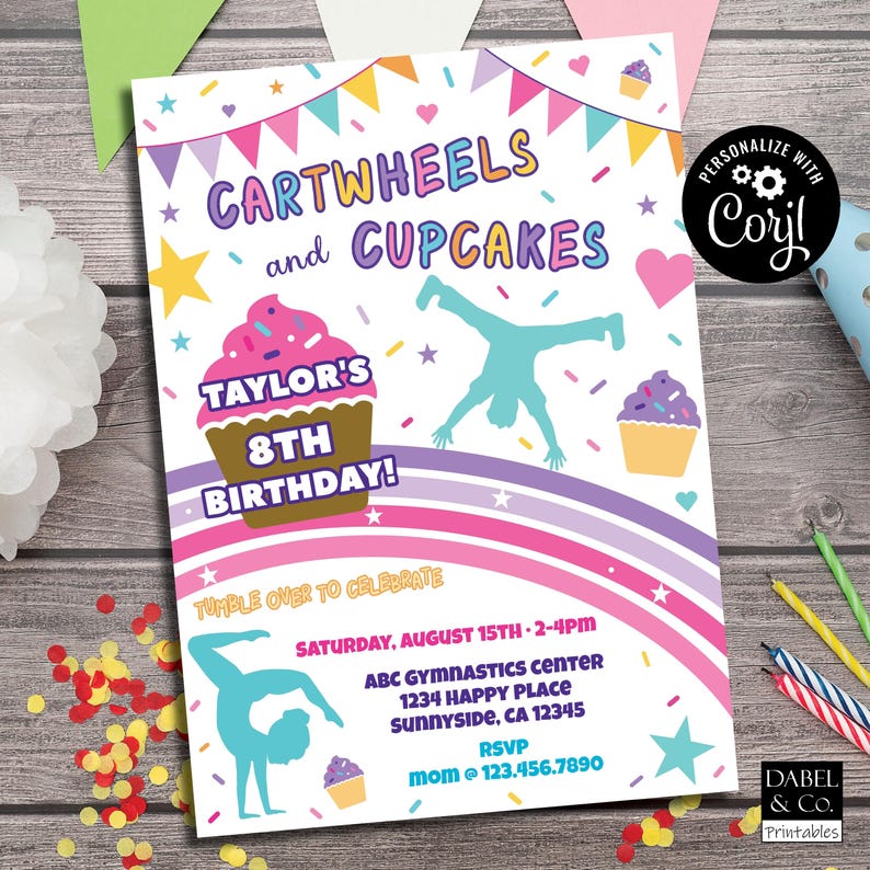 Gymnastics Birthday Invitation, Cartwheels and Cupcakes Party ...
