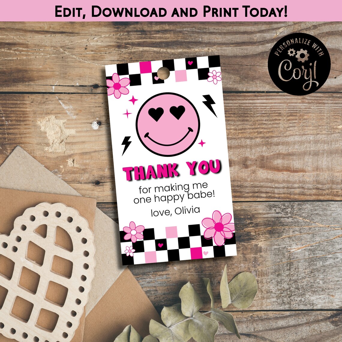 Editable 1st Birthday Thank You Tag, One Happy Babe Favor Tag, First ...