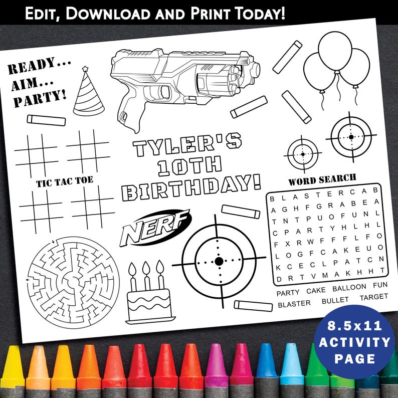 Dart Gun Birthday Party Coloring Sheet, Customizable Party Activity ...