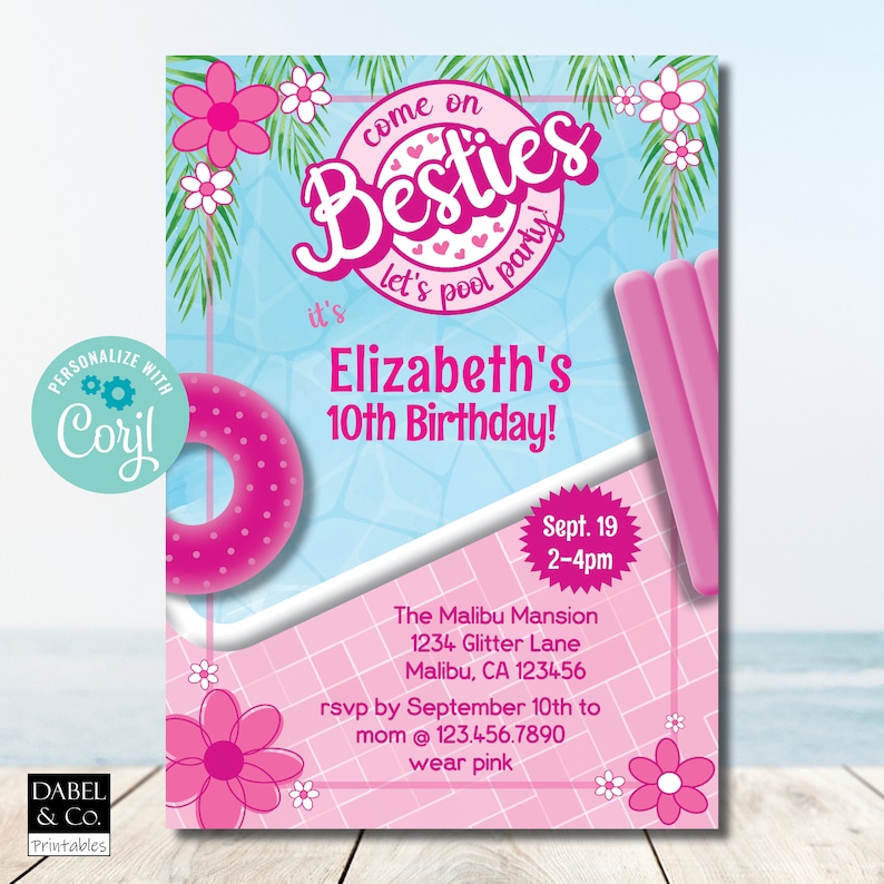Pool Party Birthday Invitation, Doll Birthday Party Editable Template ...