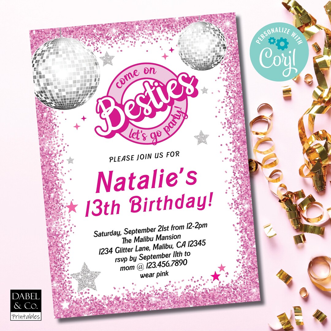 Pink Sparkle Birthday Invitation, Silver Disco Ball Party Editable ...