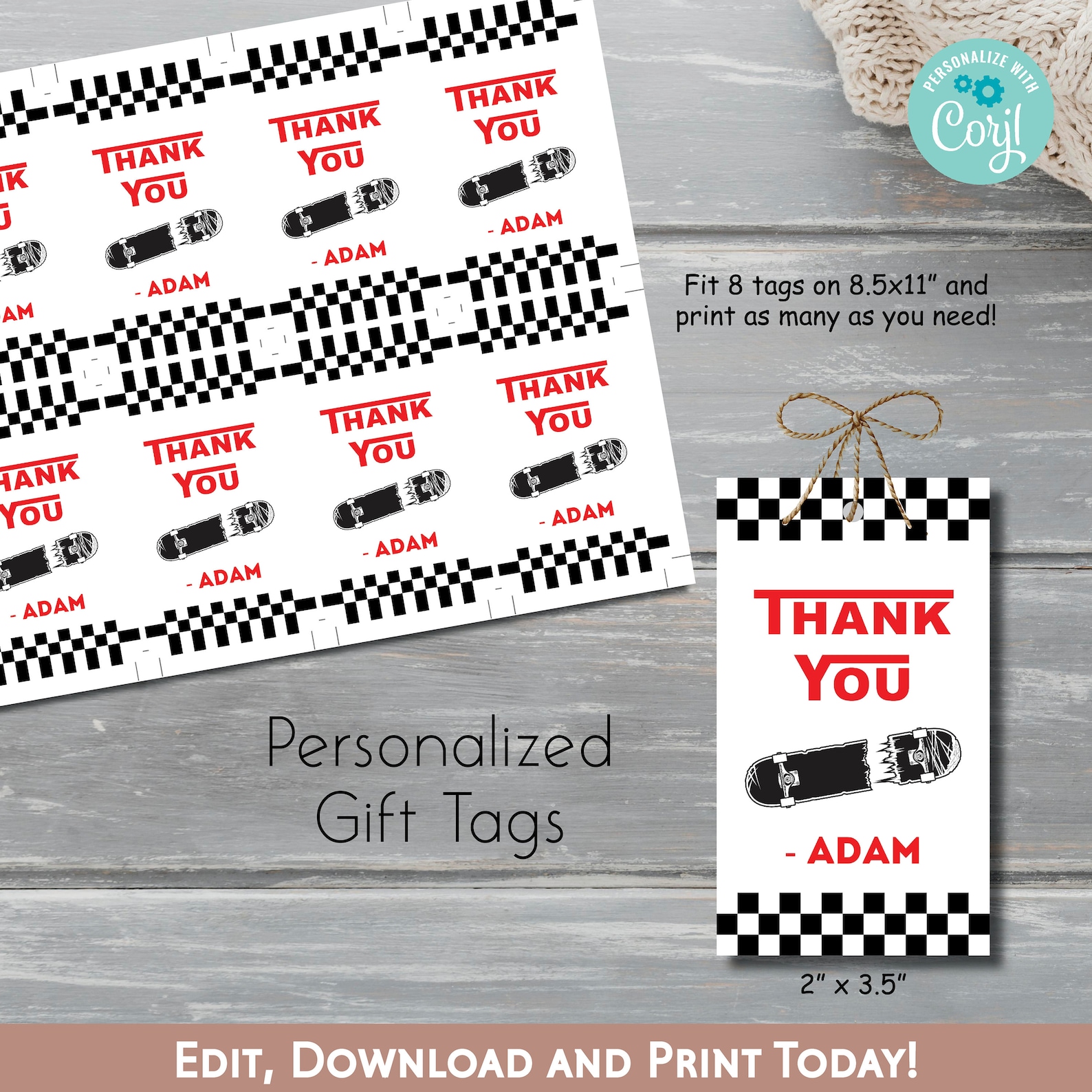 Printable Black and White Checkered Birthday Party Favor Tags, Editable ...