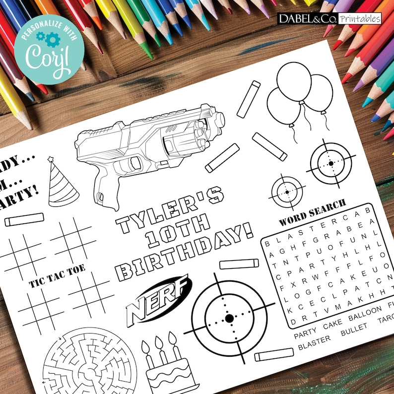 Dart Gun Birthday Party Coloring Sheet, Customizable Party Activity ...