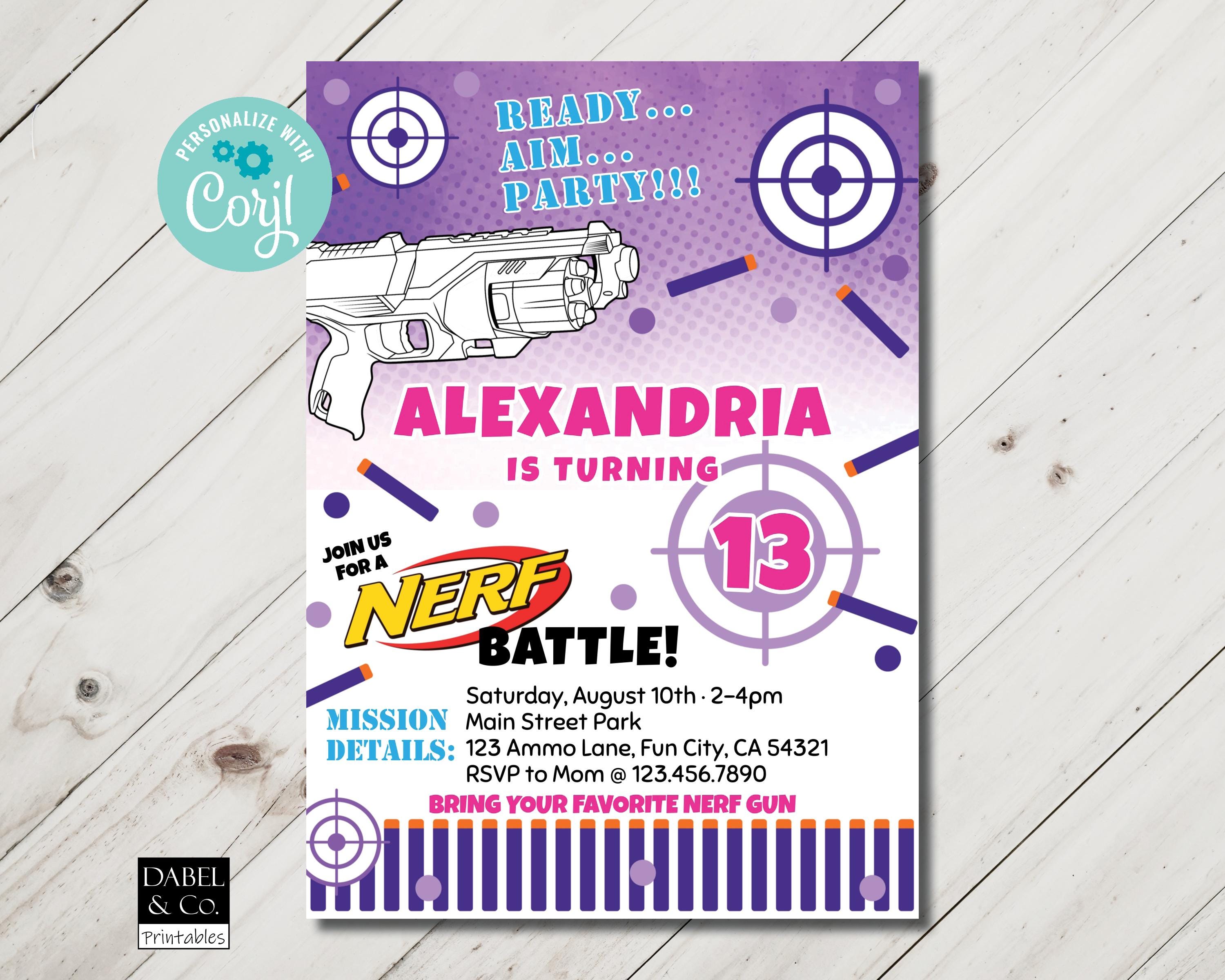 Pink Nerf Birthday Invitation, Nerf War, Purple Dart Gun Battle ...
