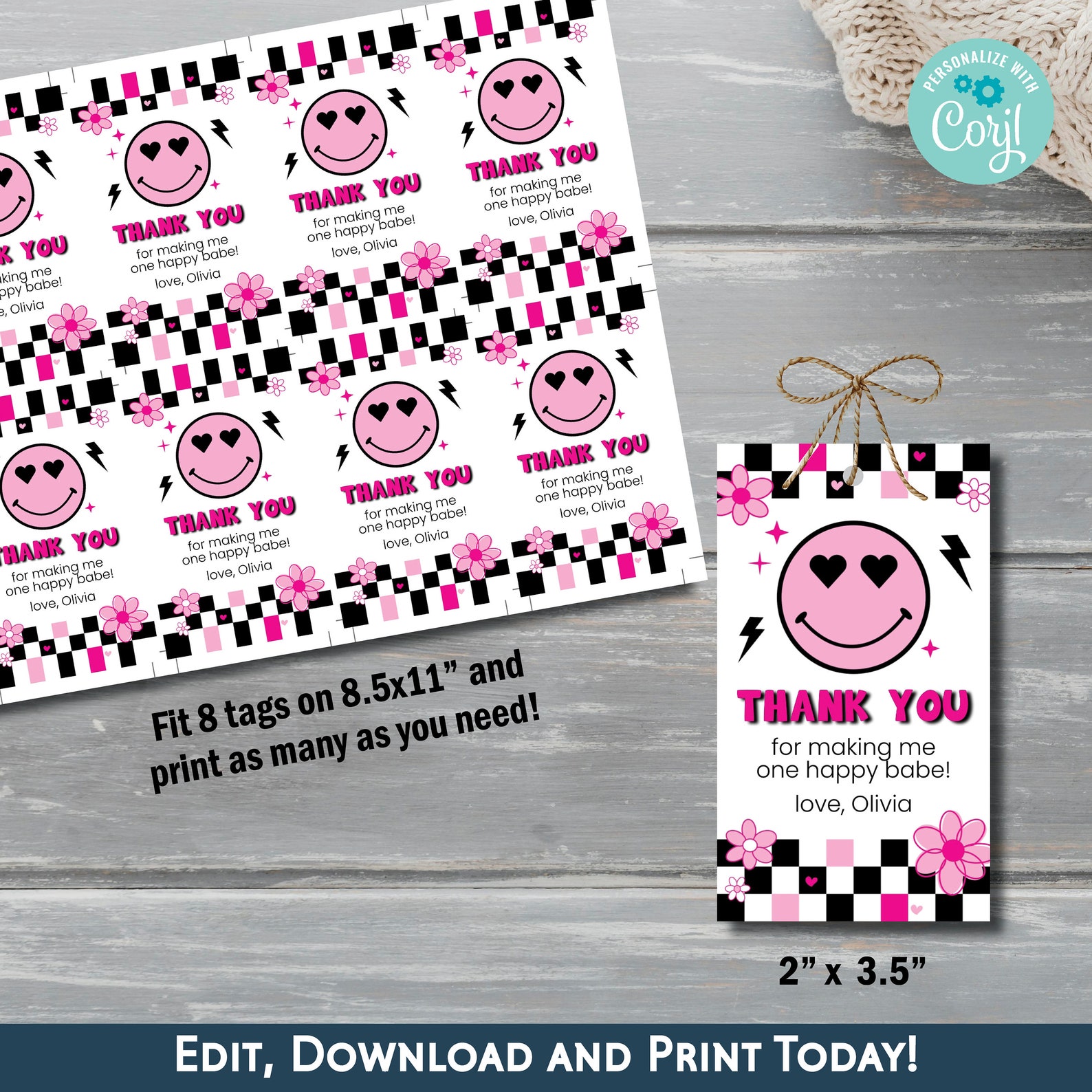 Editable 1st Birthday Thank You Tag, One Happy Babe Favor Tag, First ...