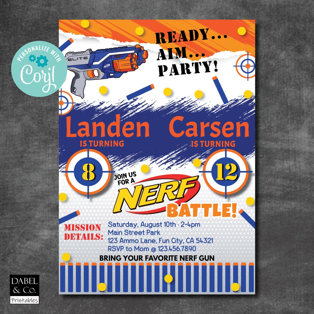 Nerf Joint Birthday Invitation, Nerf War, Dart Gun Battle Editable ...