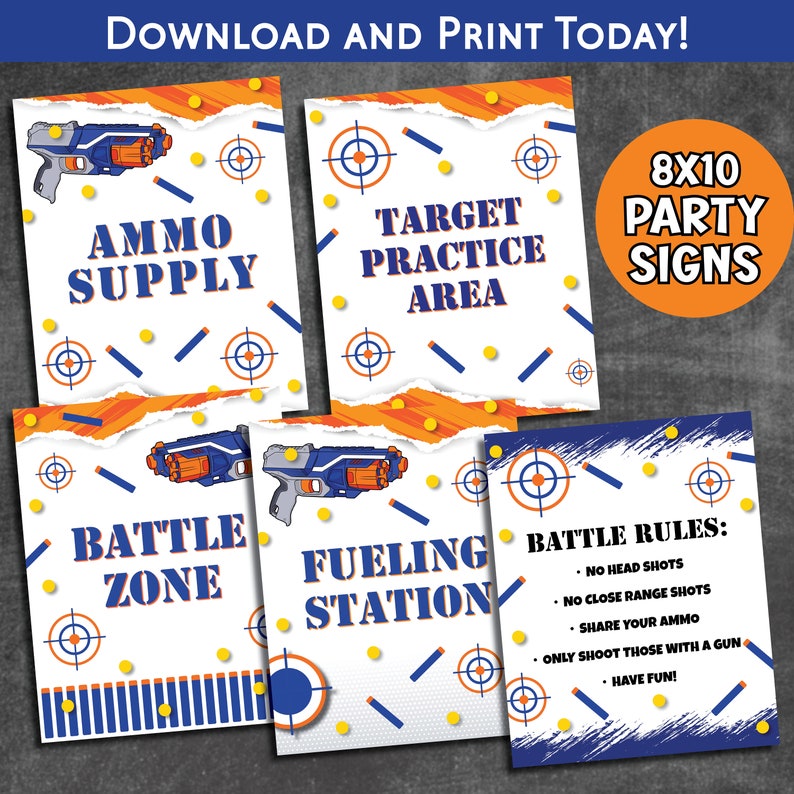 Dart Gun Birthday Party Signs, Printable Party Table Decorations, 8x10 ...