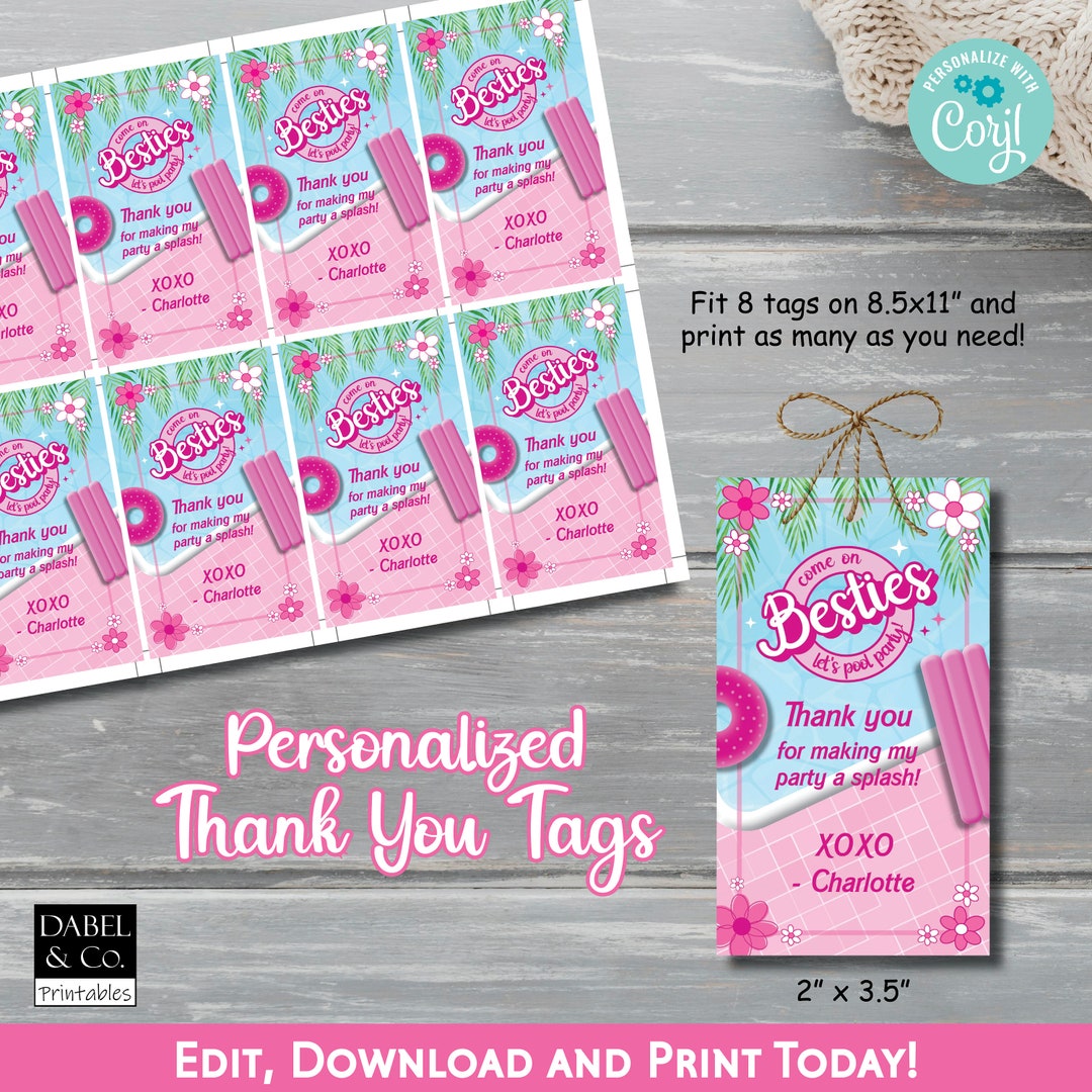 Besties Pool Party Birthday Favor Tags, Birthday Printable Thank You ...